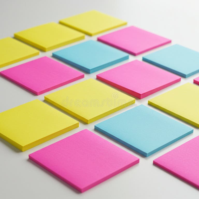 Brightly Colored Sticky Notes are Arranged in a Grid Pattern on a White ...