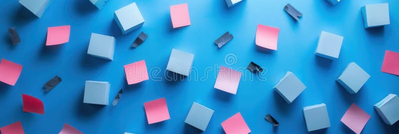 Brightly Colored Sticky Notes and Cubes are Scattered on a Blue Surface ...