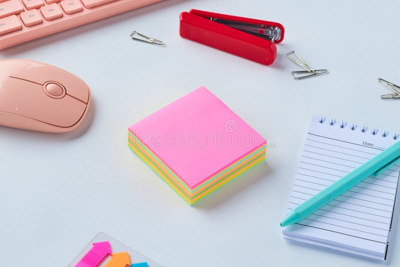Desk Workspace with Colorful Sticky Notes, Stationery, and Computer ...