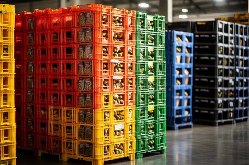 Colorful Storage Crates Filled with Various Produce at a Modern ...