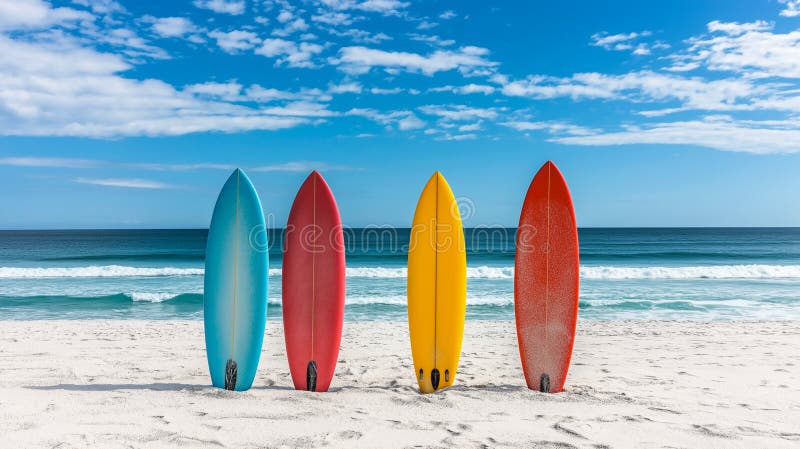 Brightly Colored Surfboards Lined Up on a Sandy Beach Under a Clear Sky ...