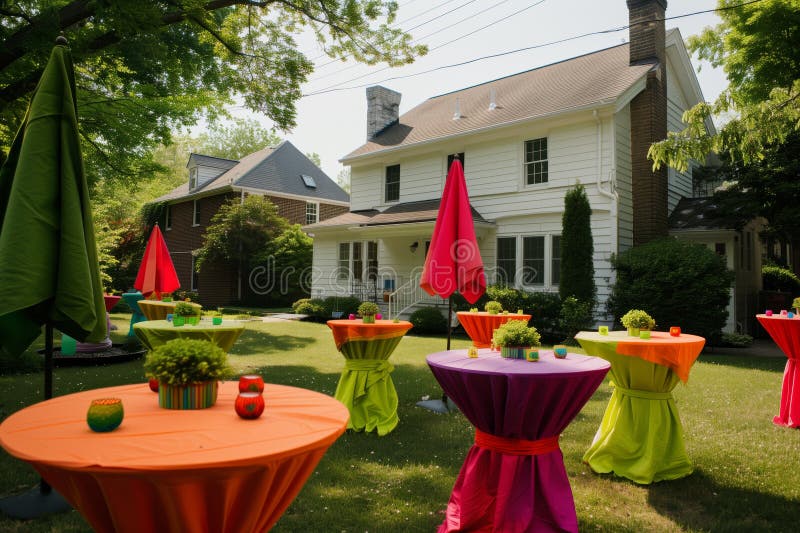 Brightly Colored Tablecloths on Tables in the Houses Front Yard Stock ...