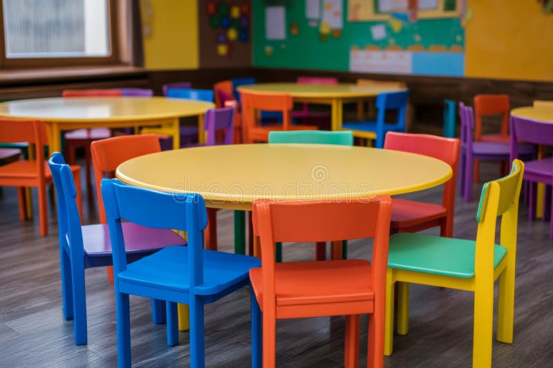 Brightly Colored Tables and Chairs Arranged for Preschool Learning ...