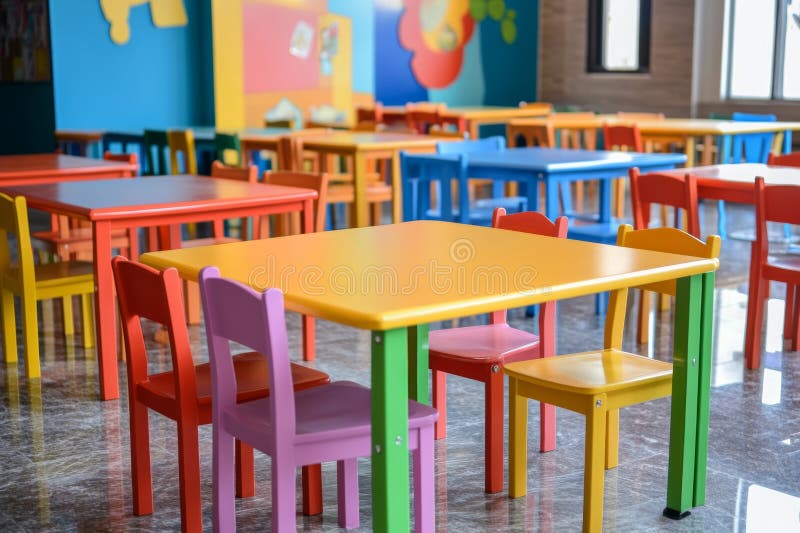 Brightly Colored Tables and Chairs in a Preschool Classroom Designed ...