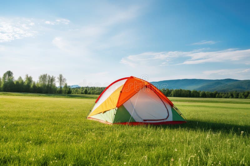 A Brightly Colored Tent Pitched in Grassy Field Stock Image - Image of ...