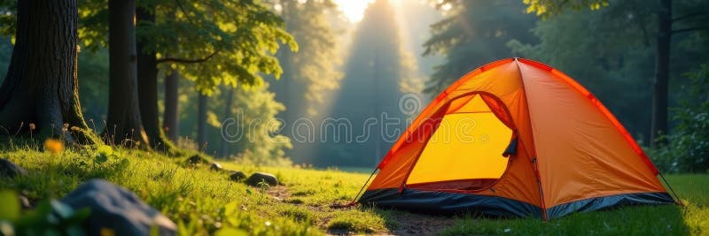 Brightly Colored Tent Pitched in a Sunny Forest Clearing, Trail ...