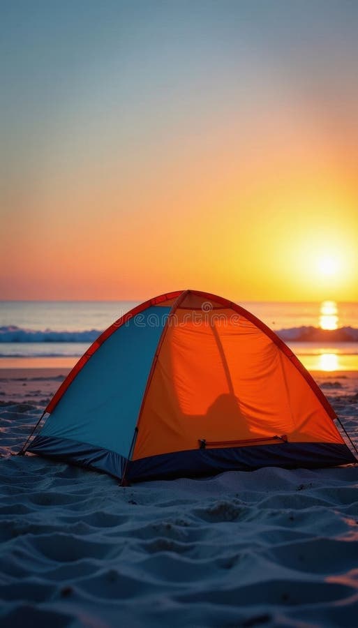 Brightly Colored Tent on Sandy Beach, Sunset Glow , Scene, Sun, Sand ...