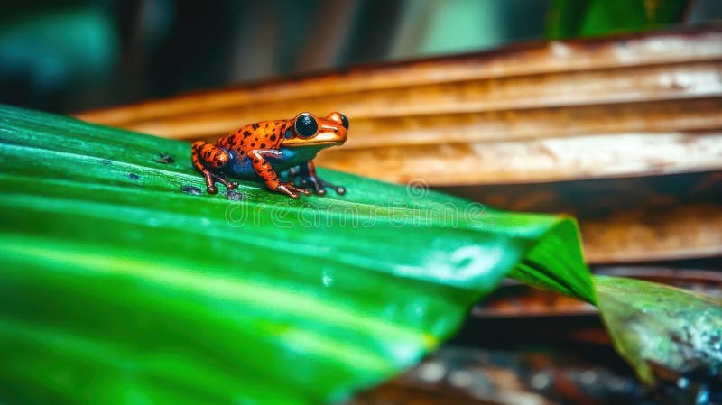 Brightly Colored Tree Frog Perched on a Vibrant Green Leaf Amid Misty ...