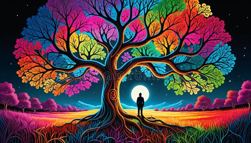 A Brightly Colored Tree with Several Branches and Leaves, with a Person ...