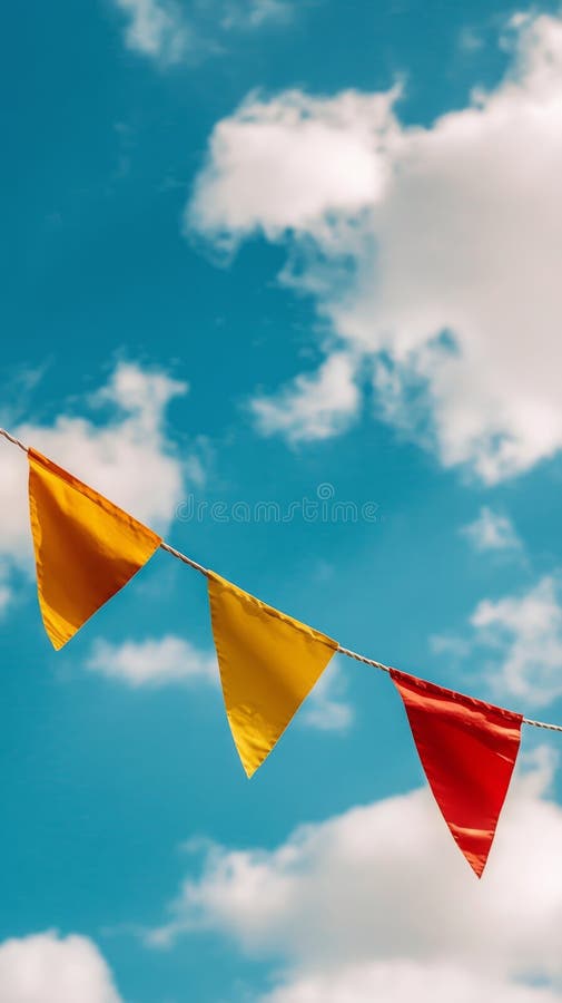 Colorful Triangular Flags Hanging Against a Cloudy Blue Sky during a ...