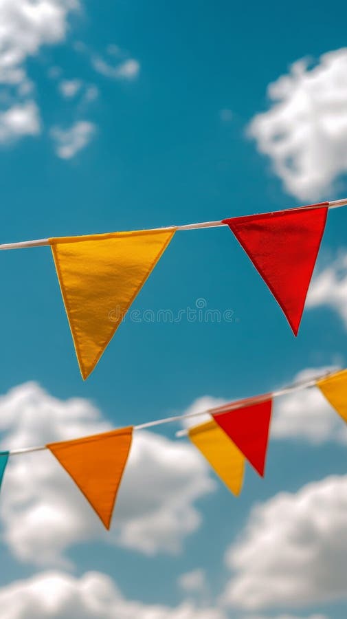 Colorful Triangular Flags Hanging Against a Cloudy Blue Sky during a ...