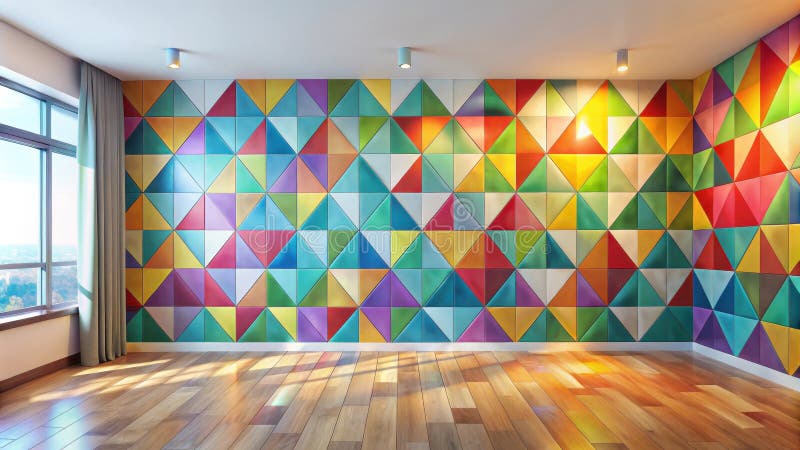 Brightly Colored Triangular Wall Tiles in an Empty Room with Hardwood ...