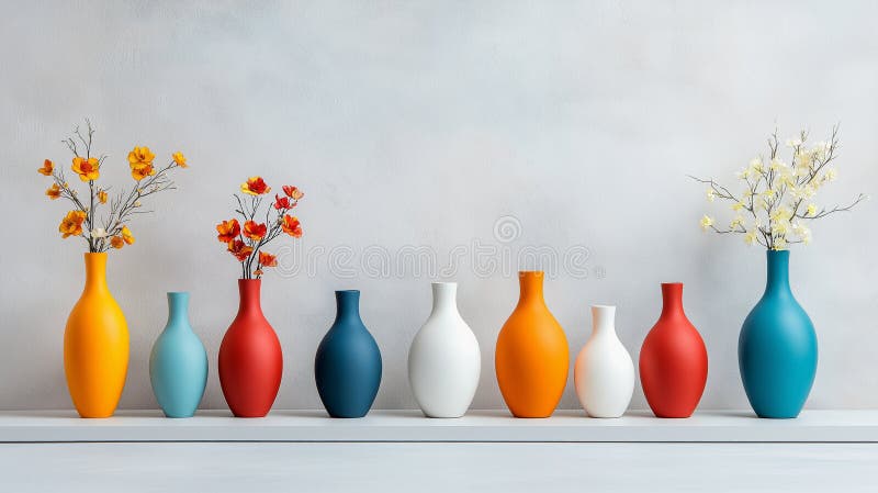 Brightly Colored Vases Arranged Elegantly on Plain Shelves for a ...