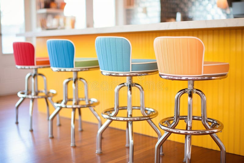 Brightly Colored Vintage Bar Stools Lined Up at Chrome Counter Stock ...
