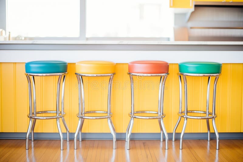 Brightly Colored Vintage Bar Stools Lined Up at Chrome Counter Stock ...