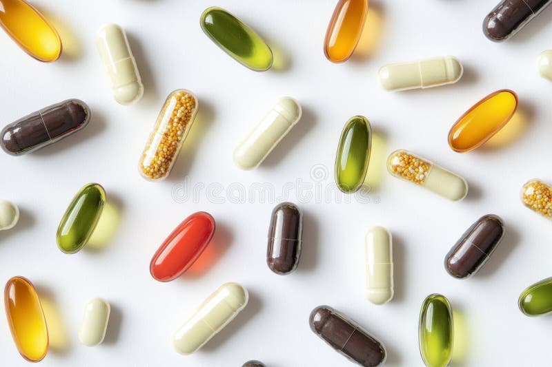 Brightly Colored Vitamin Capsules are Scattered Across a Clean White ...
