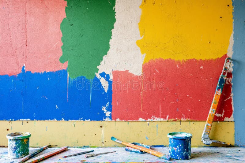 Brightly Colored Wall Showcases a Partially Completed Mural with Paint ...
