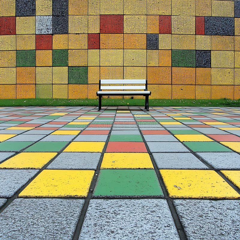 A White Bench is Centered in Front of a Colorful Tiled Wall Stock ...