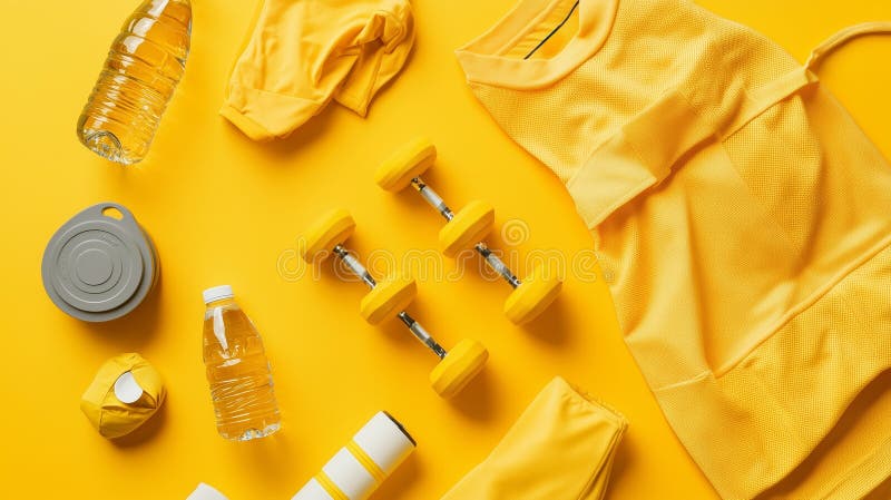 Bright Yellow Workout Gear and Accessories Arranged on a Yellow ...