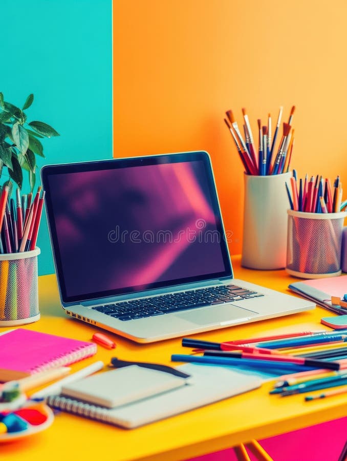 Brightly Colored Workspace Features a Laptop Surrounded by Stationery ...