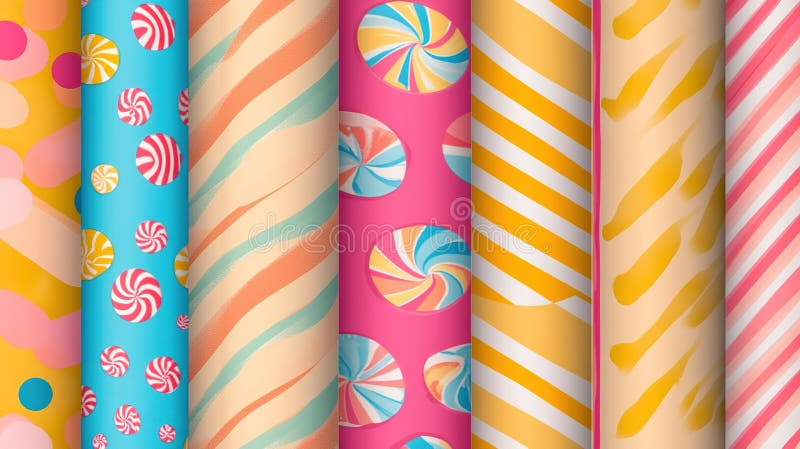 Brightly Colored Wrapping Paper with Candy Patterns Displayed in a ...