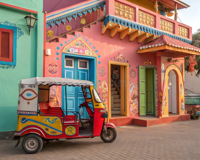 A Brightly Decorated Traditional Rickshaw Shown from a Direct Front ...
