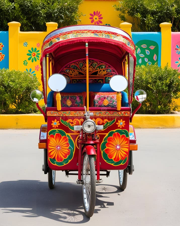 A Brightly Decorated Traditional Rickshaw Shown from a Direct Front ...