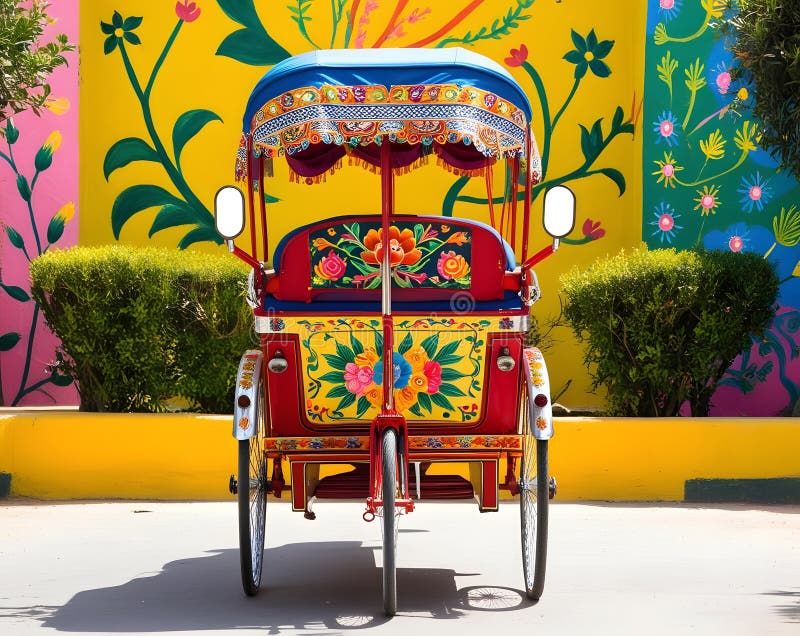 A Brightly Decorated Traditional Rickshaw Shown from a Direct Front ...