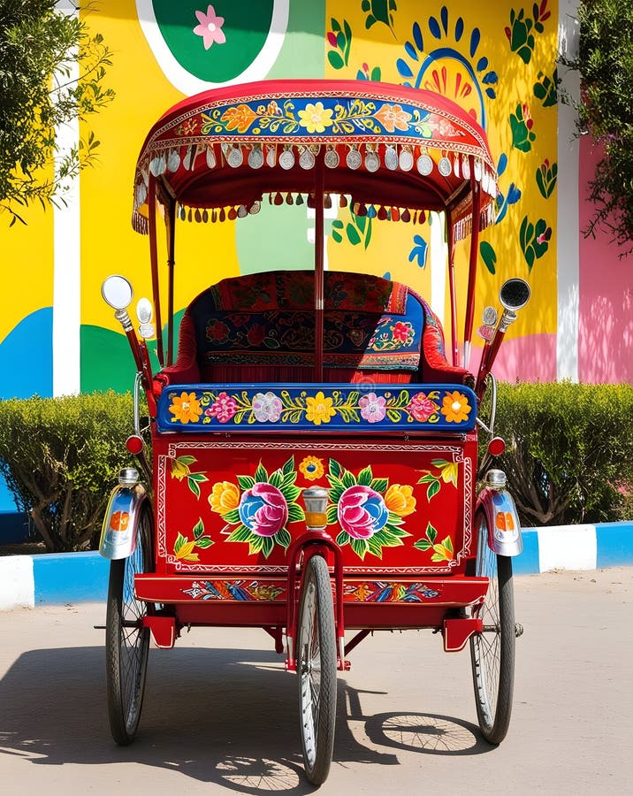 A Brightly Decorated Traditional Rickshaw Shown from a Direct Front ...