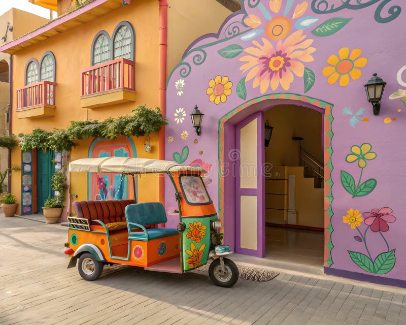 A Brightly Decorated Traditional Rickshaw Shown from a Direct Front ...