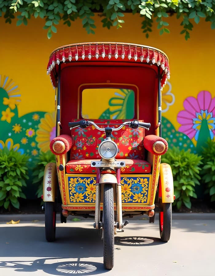 A Brightly Decorated Traditional Rickshaw Shown from a Direct Front ...