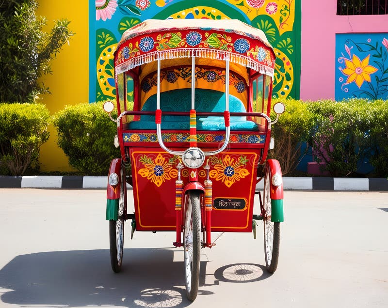 A Brightly Decorated Traditional Rickshaw Shown from a Direct Front ...