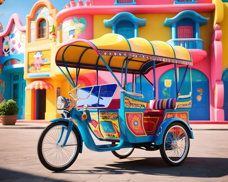 A Brightly Decorated Traditional Rickshaw Shown from a Direct Front ...