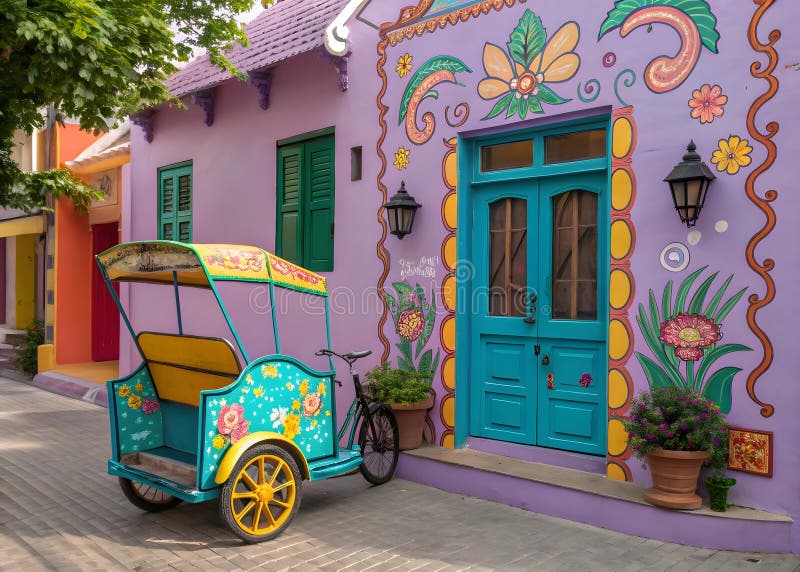 A Brightly Decorated Traditional Rickshaw Shown from a Direct Front ...