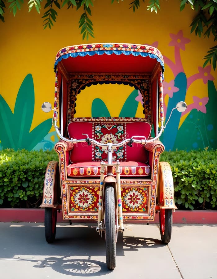 A Brightly Decorated Traditional Rickshaw Shown from a Direct Front ...