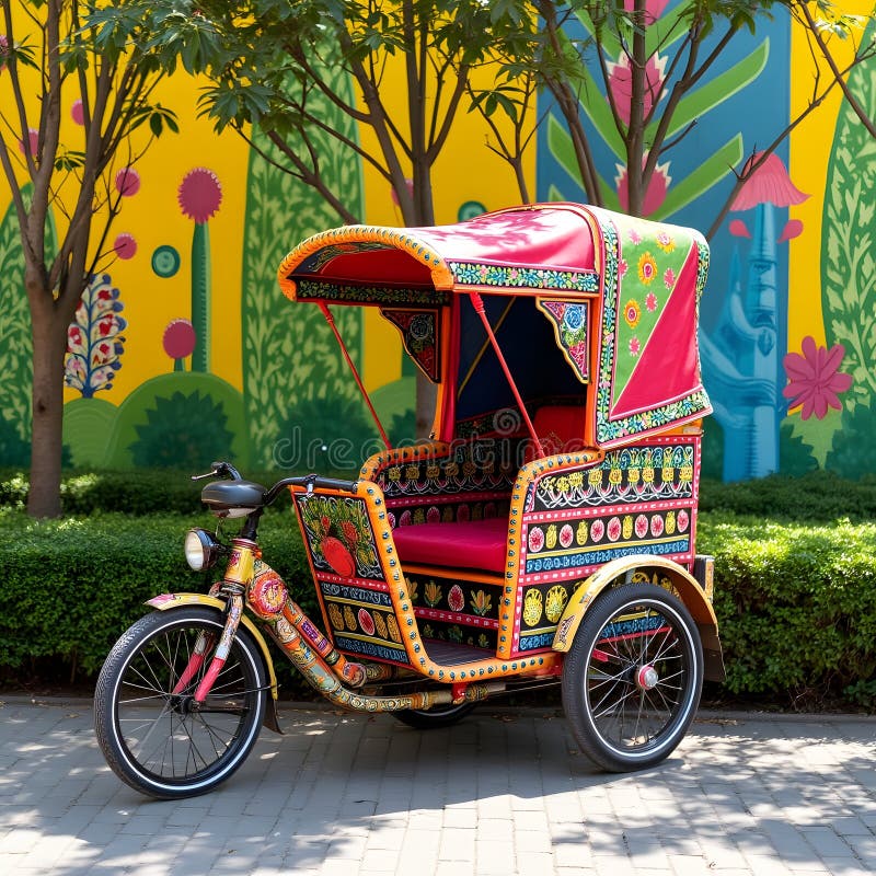 A Brightly Decorated Traditional Rickshaw Shown from a Direct Front ...