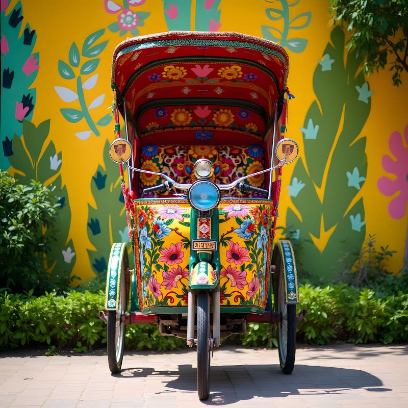 A Brightly Decorated Traditional Rickshaw Shown from a Direct Front ...