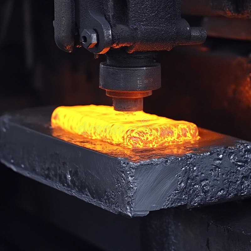 Brightly Glowing Molten Metal Being Shaped in a Forge during Advanced Metallurgical Processing ...