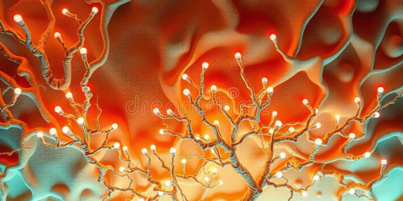 Brightly Illuminated Branch-like Structure Against a Vibrant Orange and ...