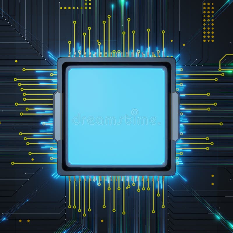 Brightly Illuminated Digital Circuit Board Features a Central Processor ...