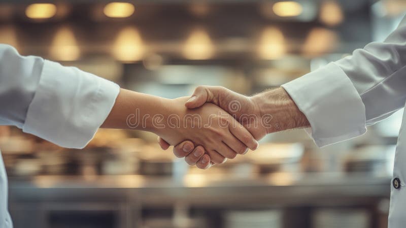 In a Brightly Illuminated Kitchen of a Restaurant, a Handshake Takes ...