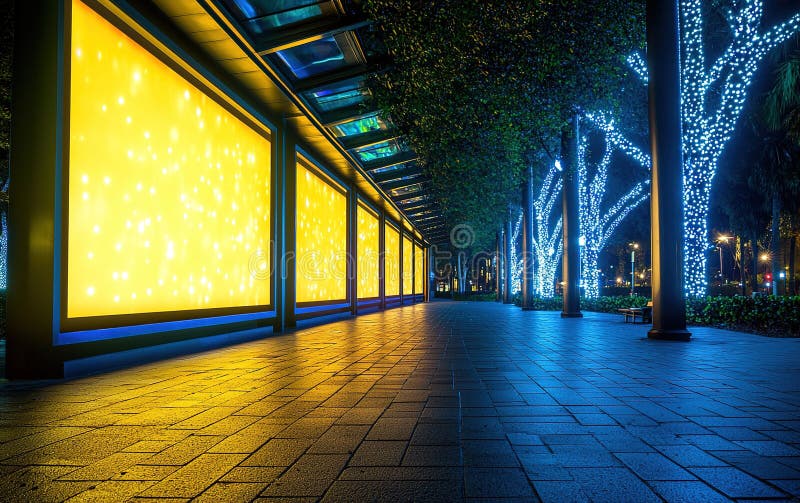 Brightly Illuminated Pathway at Night with Glowing Trees and Vibrant ...