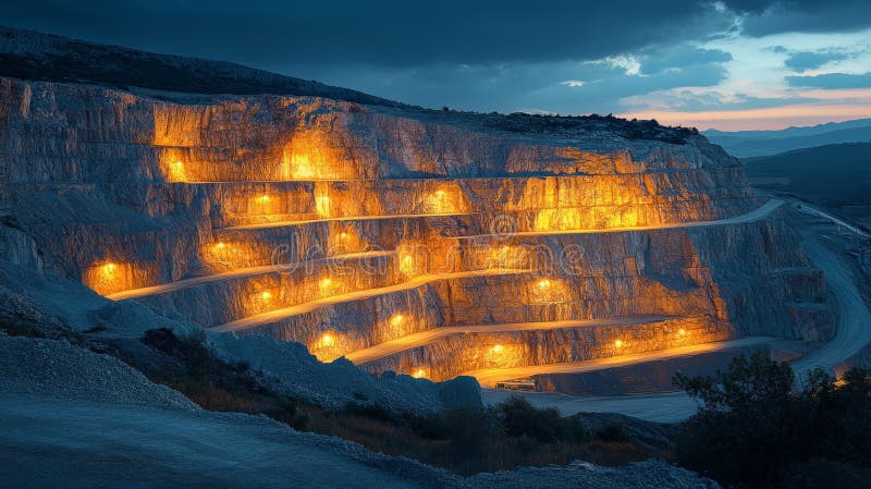 Brightly Illuminated Quarry at Dusk Showcasing Mining and Excavation ...