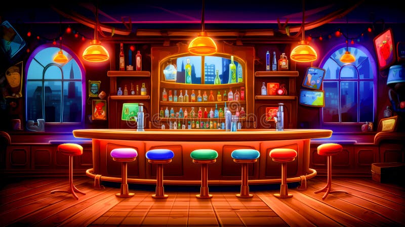 Brightly Lit Bar with Stools in Front of Bar with Lot of Bottles on it ...