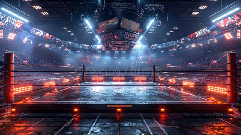 Brightly Lit Boxing Ring Sits Empty in a Futuristic Loft Space ...