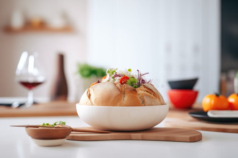 Brightly Lit Bread Bowl with Goulash on Modern Minimalistic Countertop ...