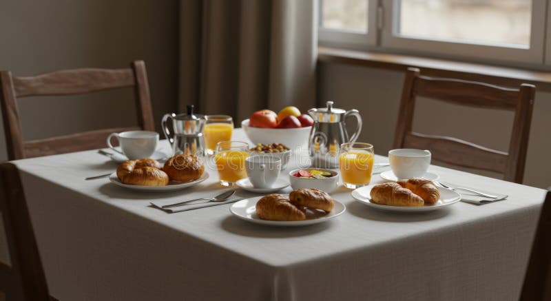 Brightly Lit Breakfast Table Setting with Croissants and Fruit Stock Illustration - Illustration ...