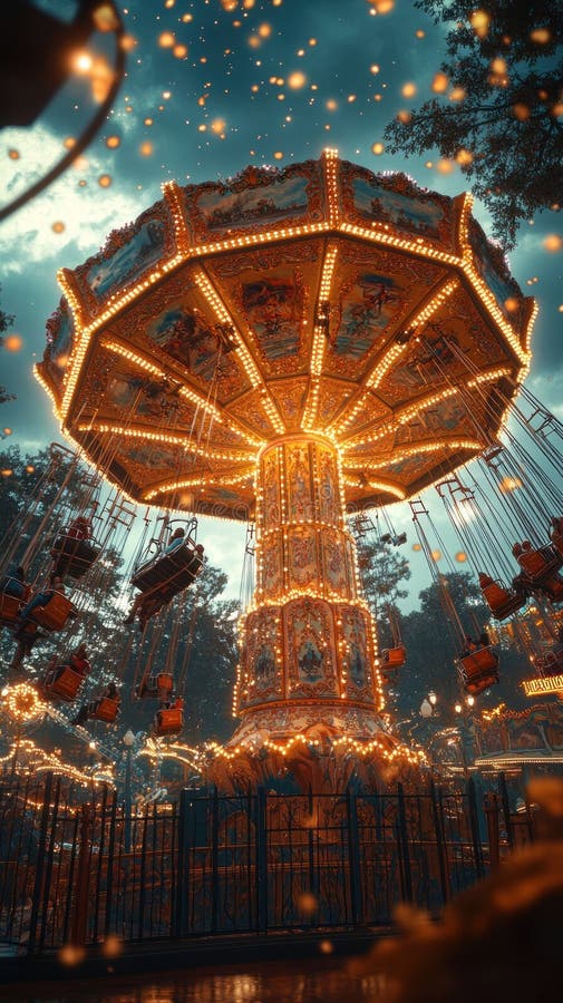 A Brightly Lit Carousel with Glowing Lights Against a Dark, Cloudy Sky ...