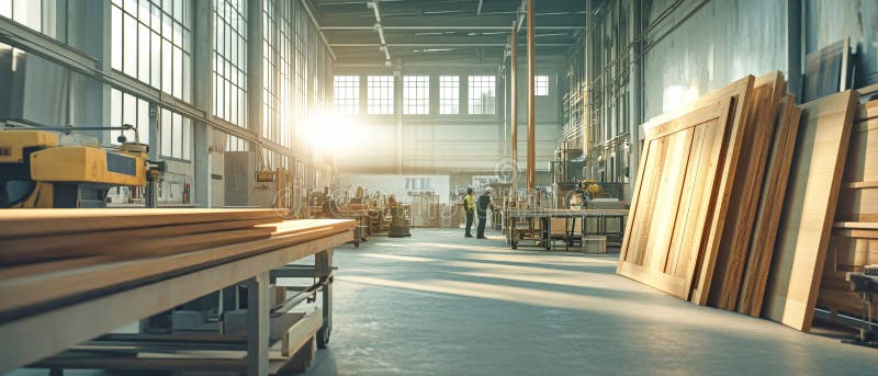 Brightly Lit Carpentry Workshop Featuring Workers and Wooden Projects ...