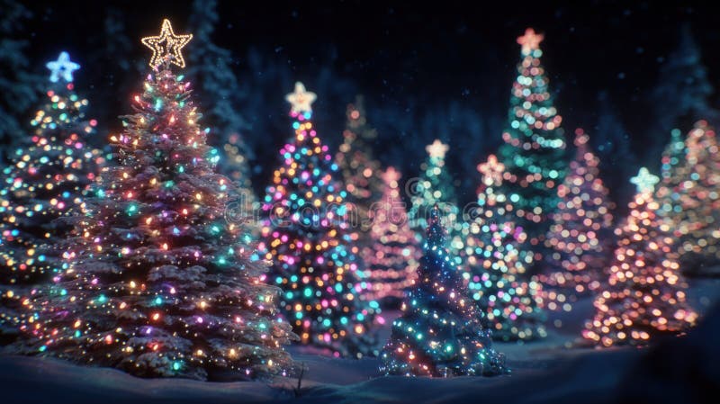 Brightly Lit Christmas Trees Glowing in a Snowy Forest Under a Dark ...